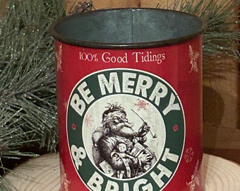Christmas Santa Vintage Metal Can, Winter Holiday Bucket, Merry ...