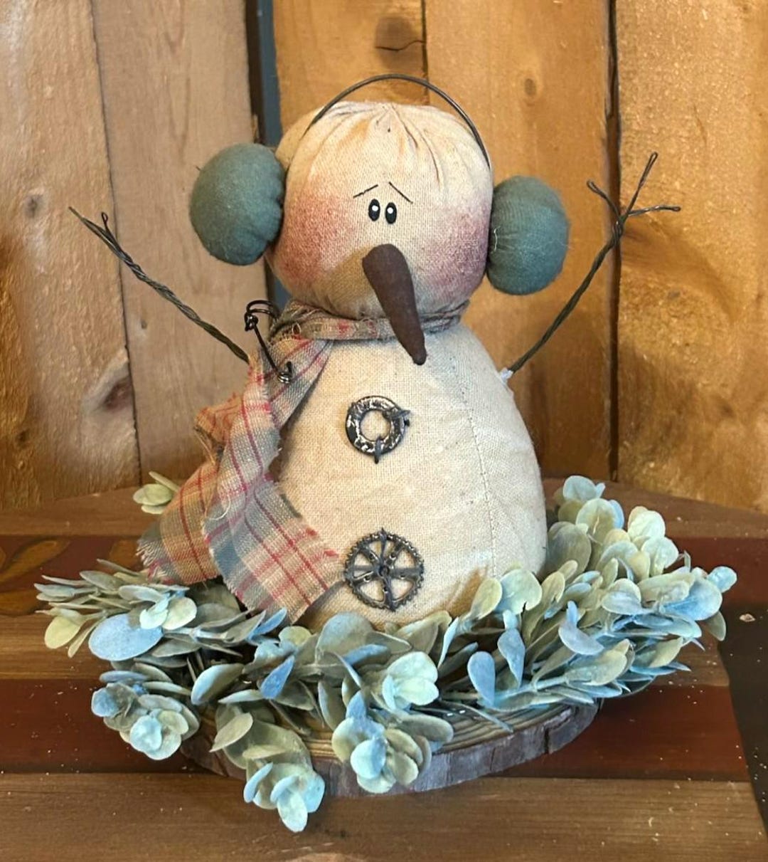 Primitive Country Snowman on Wood Slice- Rustic Winter Christmas Decor ...