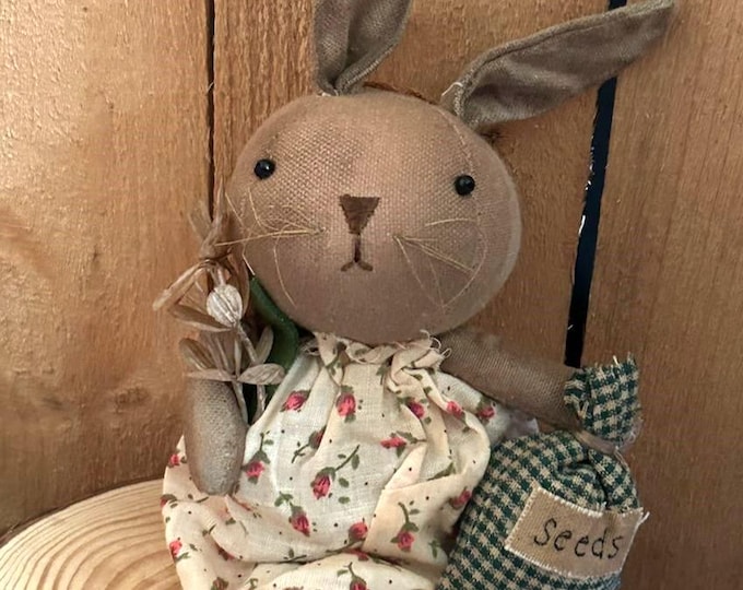 Primitive Bunny - Cute Chubby Bunny With Flower, Seed Bag Easter ...