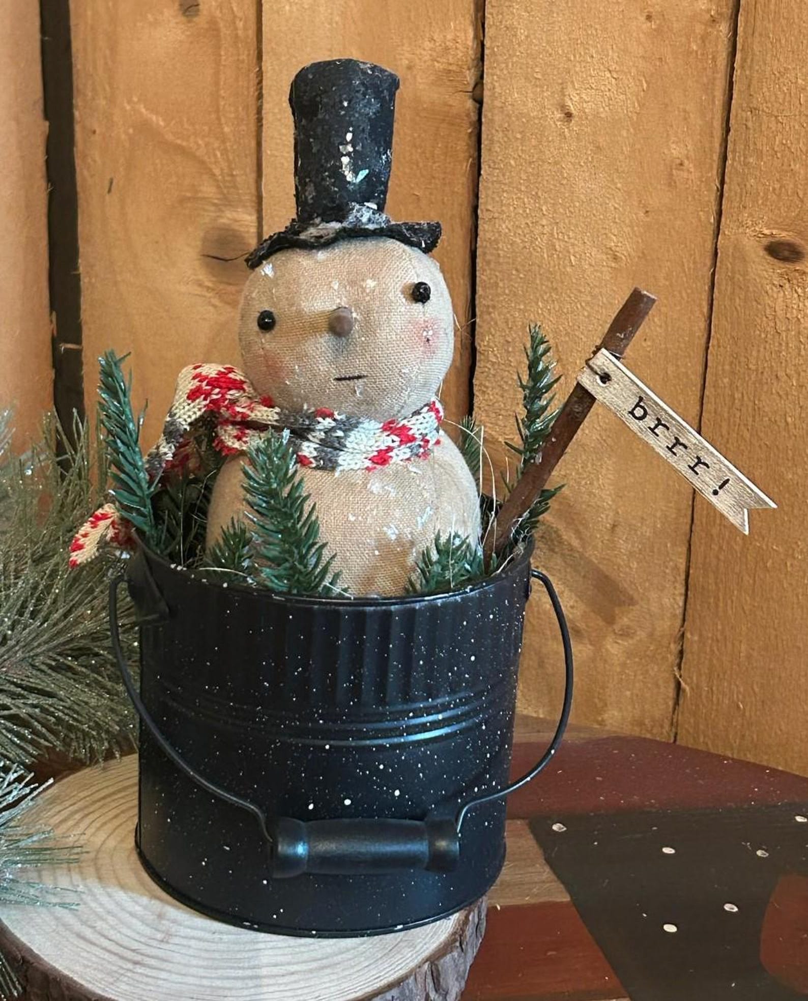 Vintage Country Snowman in Black Bucket BRRR Winter Christmas Decor ...