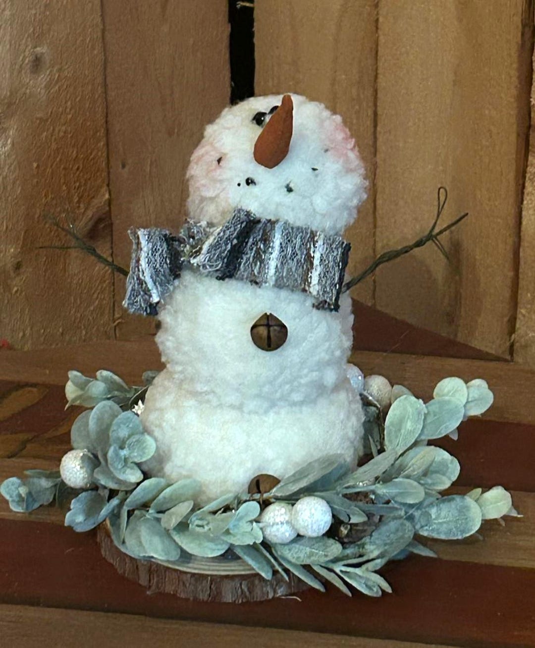 Small Primitive Country Snowman on Wood Base With Frosted Evergreen ...