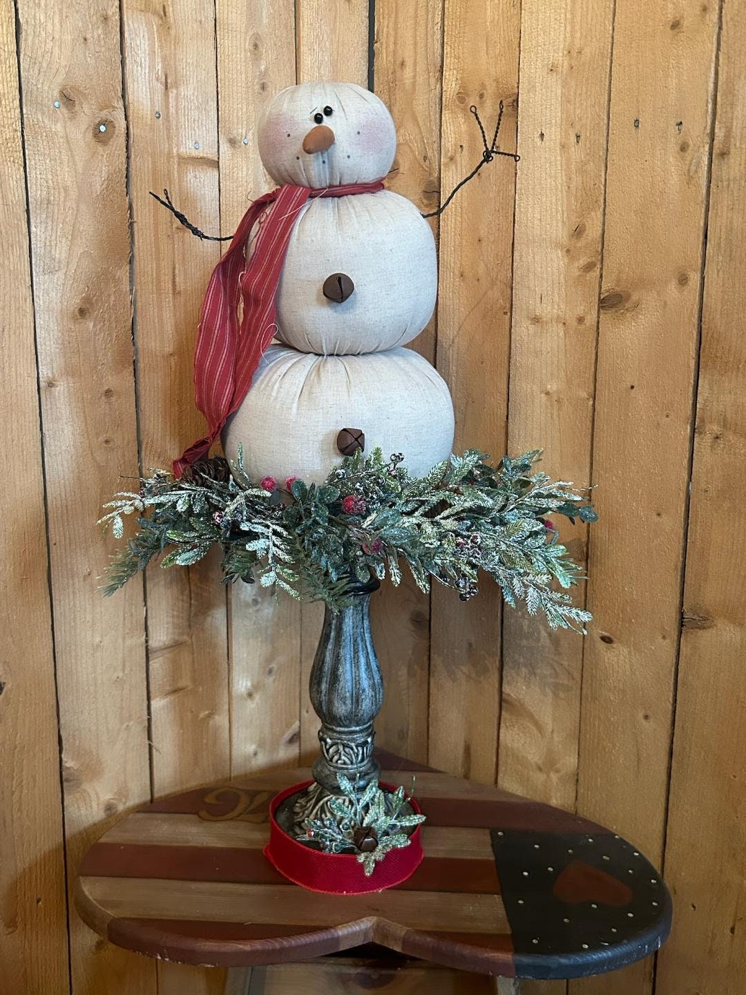 Primitive Country Snowman on Pedestal Stand Rustic Winter Christmas ...