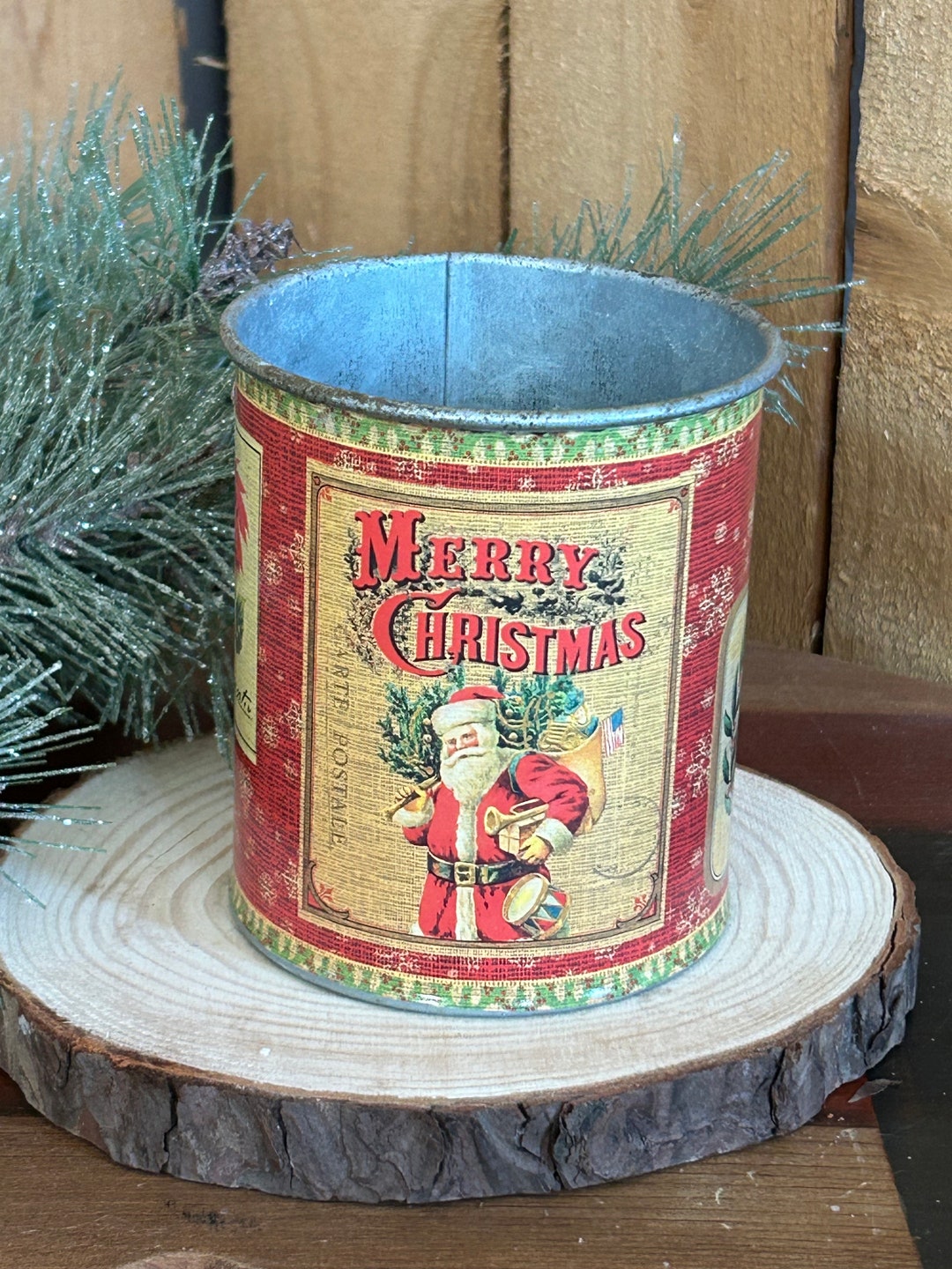 Christmas Santa Vintage Metal Can, Winter Holiday Bucket, Merry ...