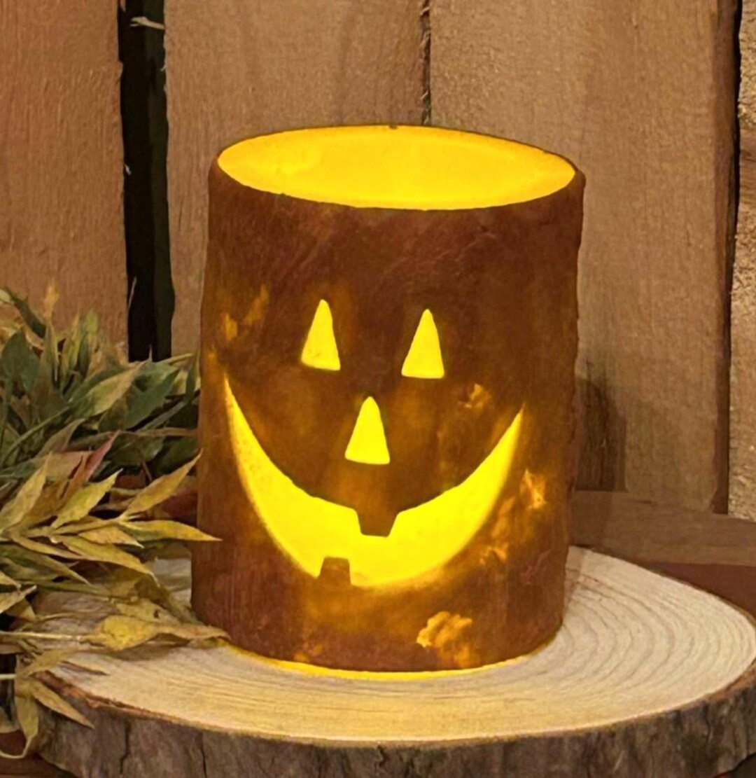 Jack O Lantern Pillar Candle, LED Orange Smiling Pumpkin 3" X 4" Fall ...