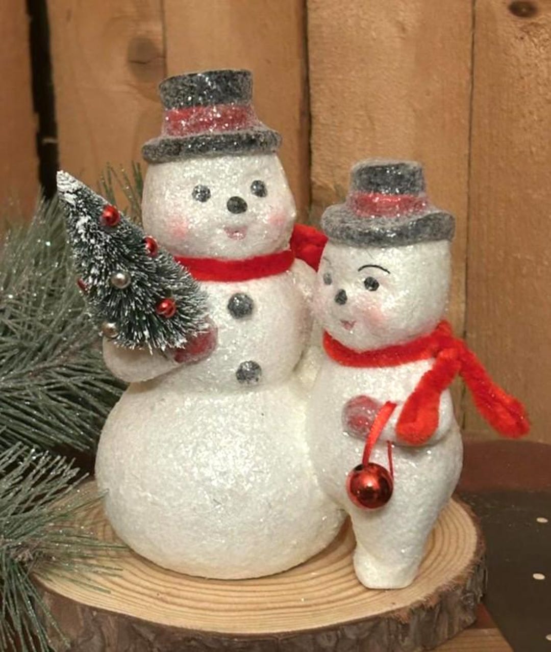 Winter Snowman Pair Christmas Figure Snow Top Hat Figure Bottle Brush ...