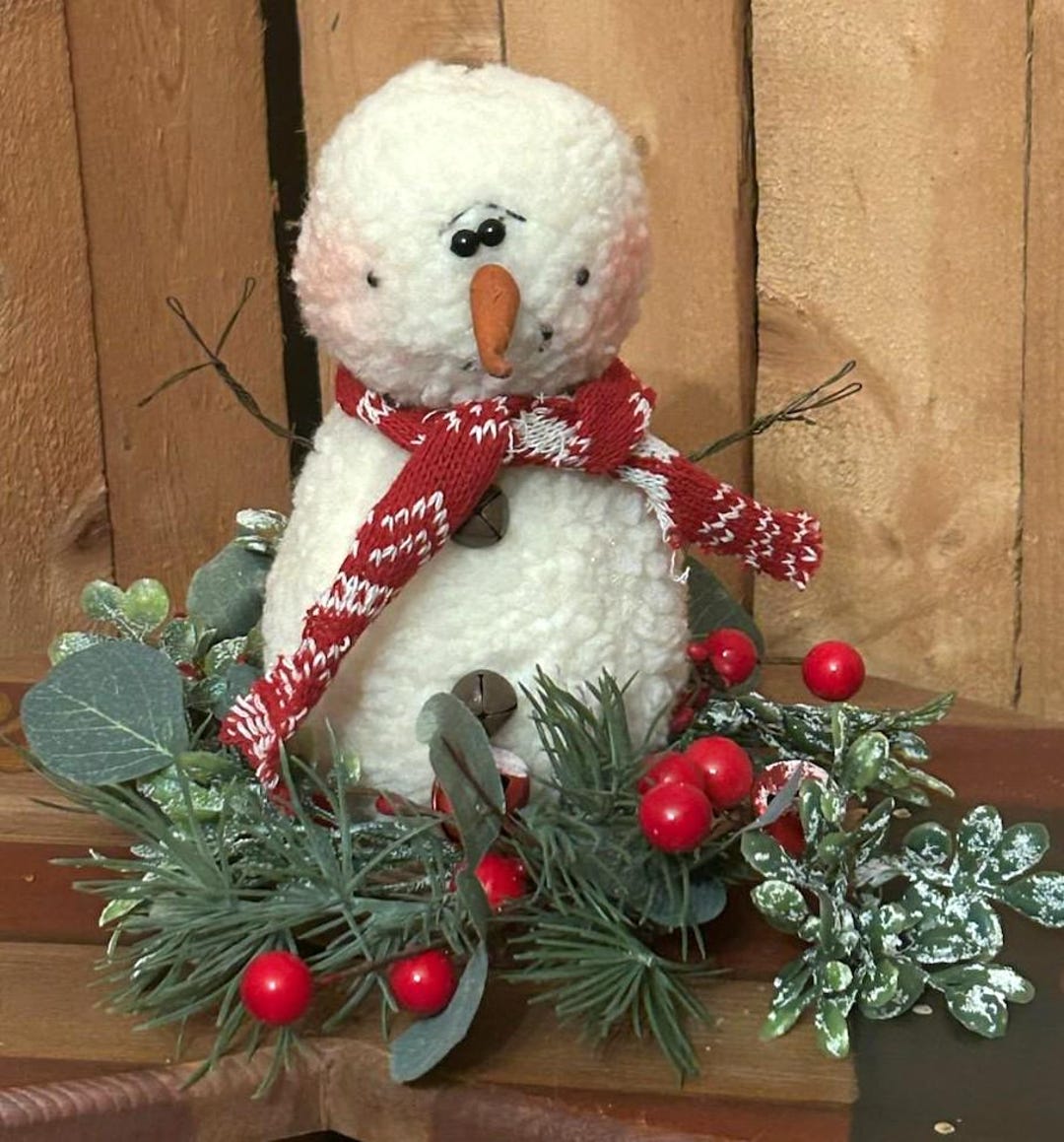 Primitive Country Snowman on Wood Slice With Frosted Evergreen, Berries ...
