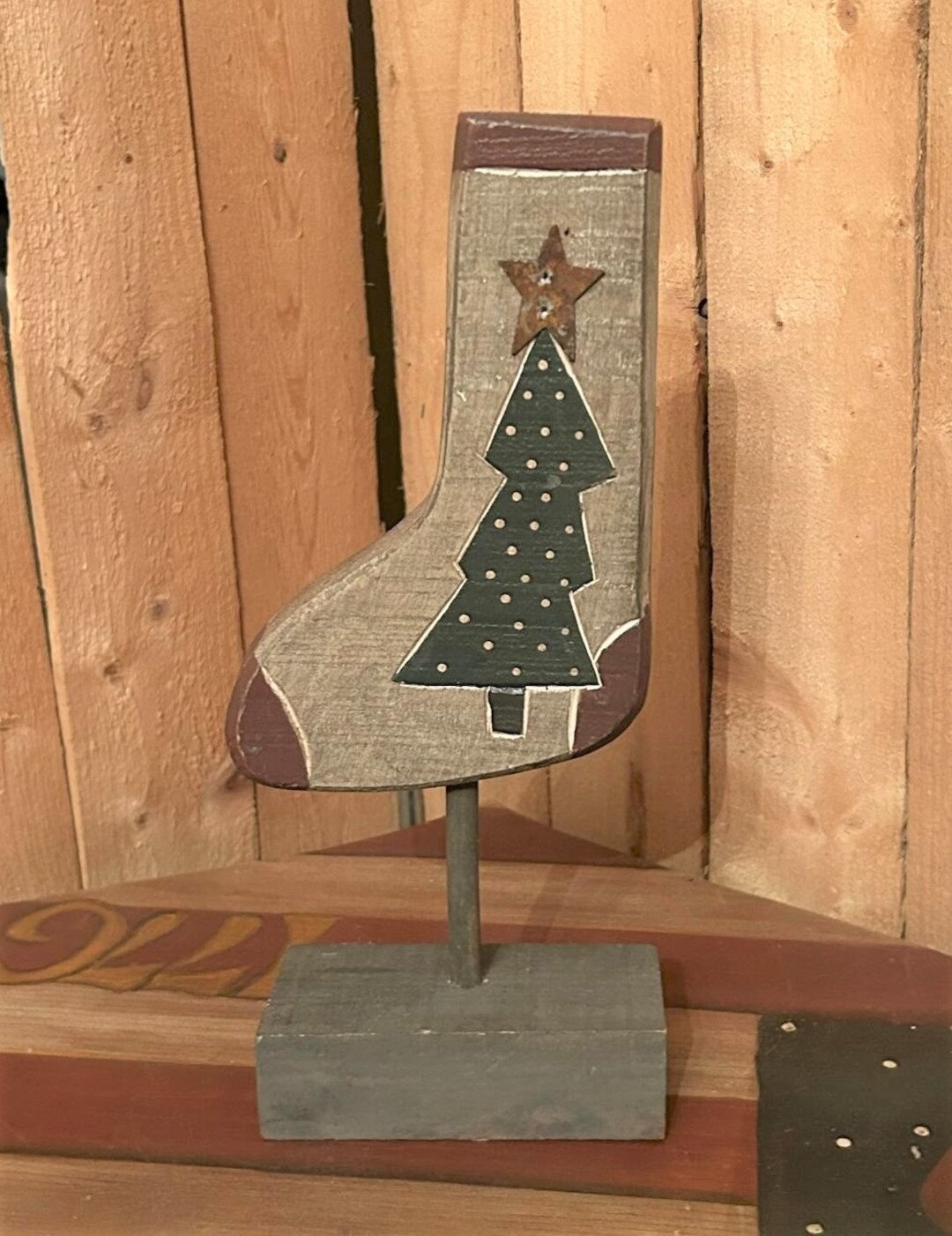 Country Primitive Wood Stocking Rustic Wood Figure, Christmas Holiday ...