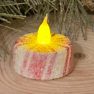 Glittered Candy Cane Tealight Candle, LED Red & White Striped Tea Light ...