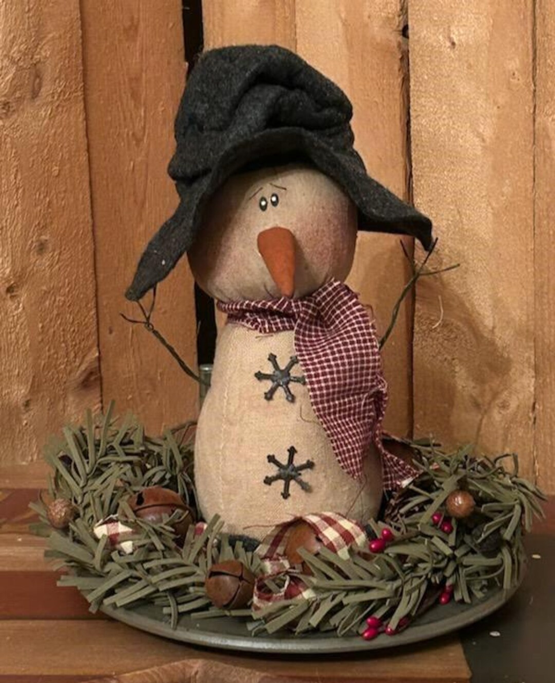 Primitive Country Snowman on Green Plate- Rustic Winter Christmas Decor ...
