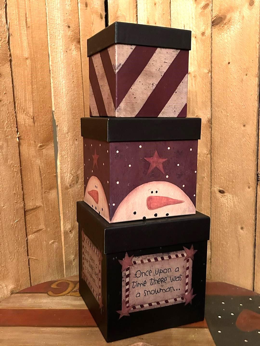 Snowman Stacking Boxes. Rustic Paper Mache Containers Christmas Holiday ...