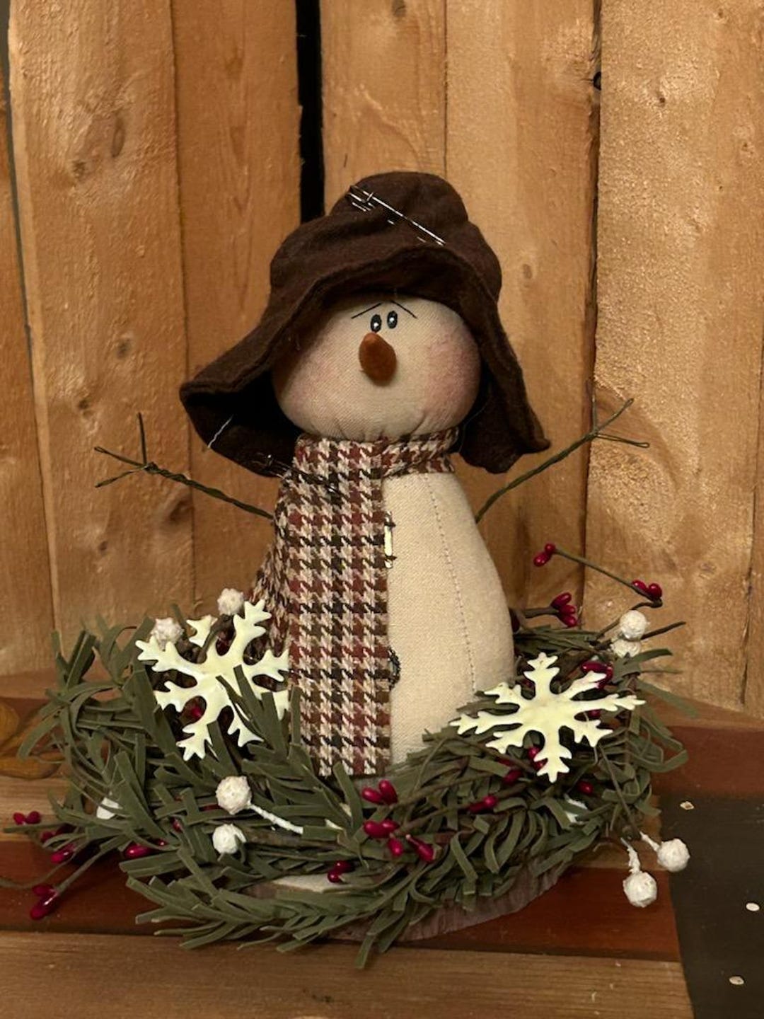 Primitive Country Snowman on Wood Slice Rustic Winter Christmas Decor ...