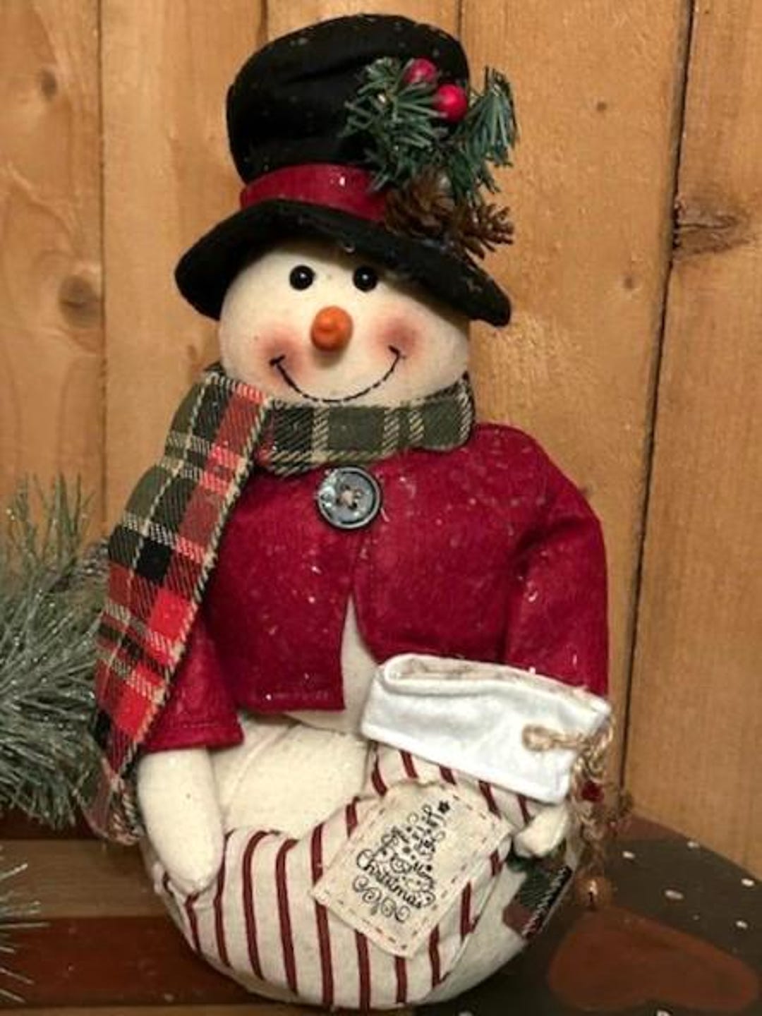 Vintage Country Snowman With Stocking - Christmas Decor, Top Hat, Scarf ...