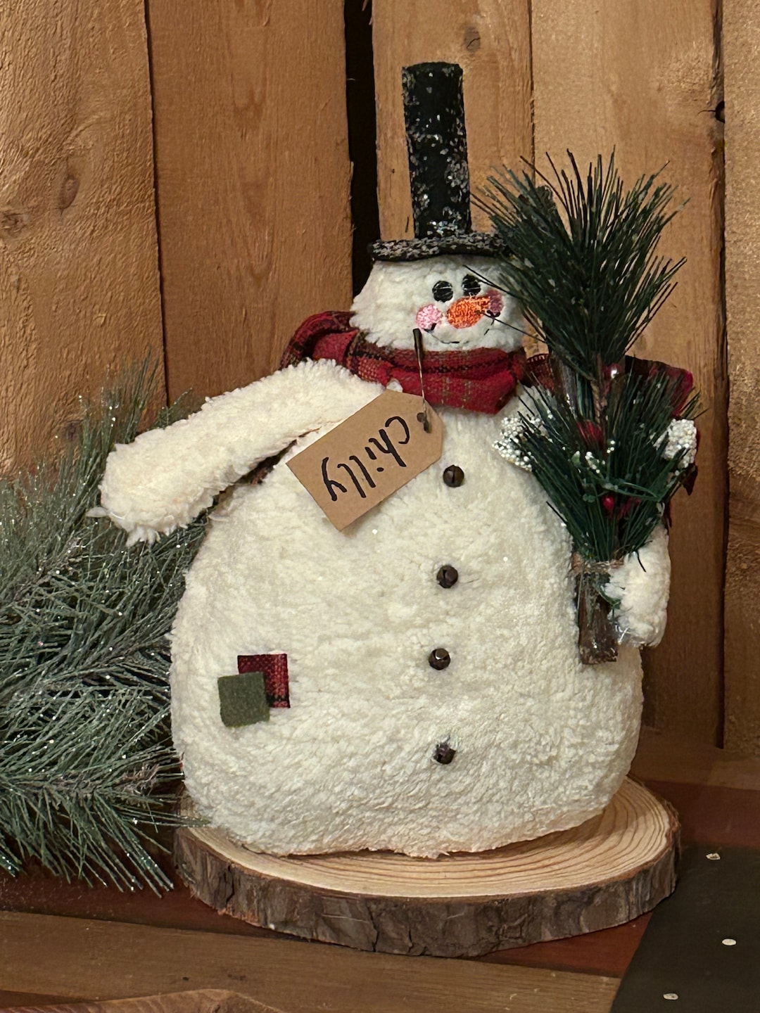 Vintage Country Snowman - Winter Christmas Decor, Hat Scarf, Evergreen ...