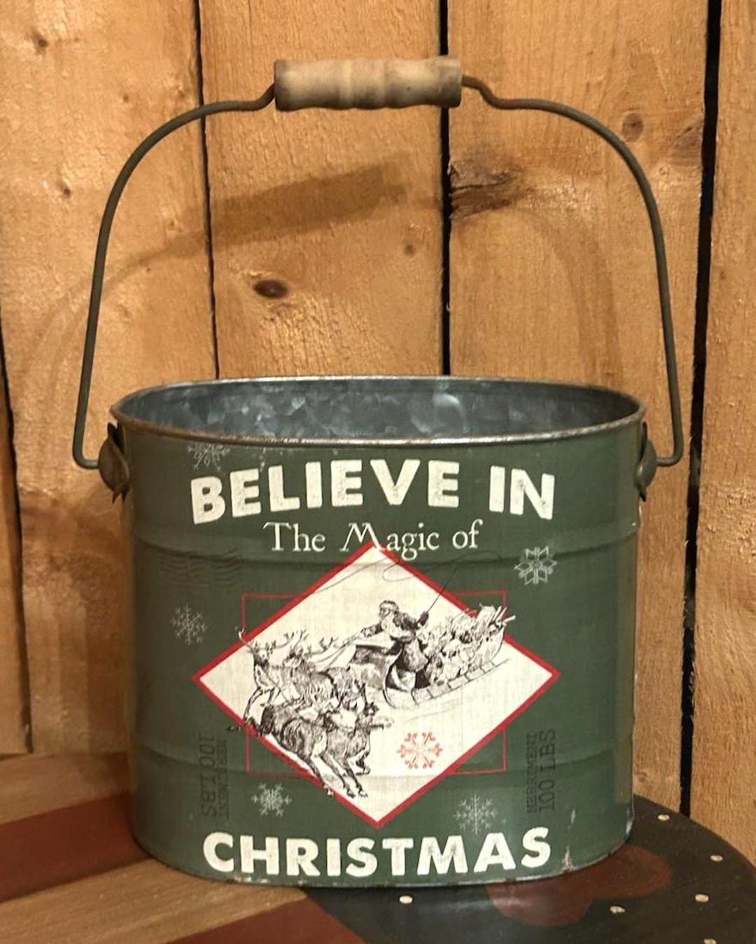 Large Christmas Santa Vintage Metal Can, Winter Holiday Bucket, Believe ...