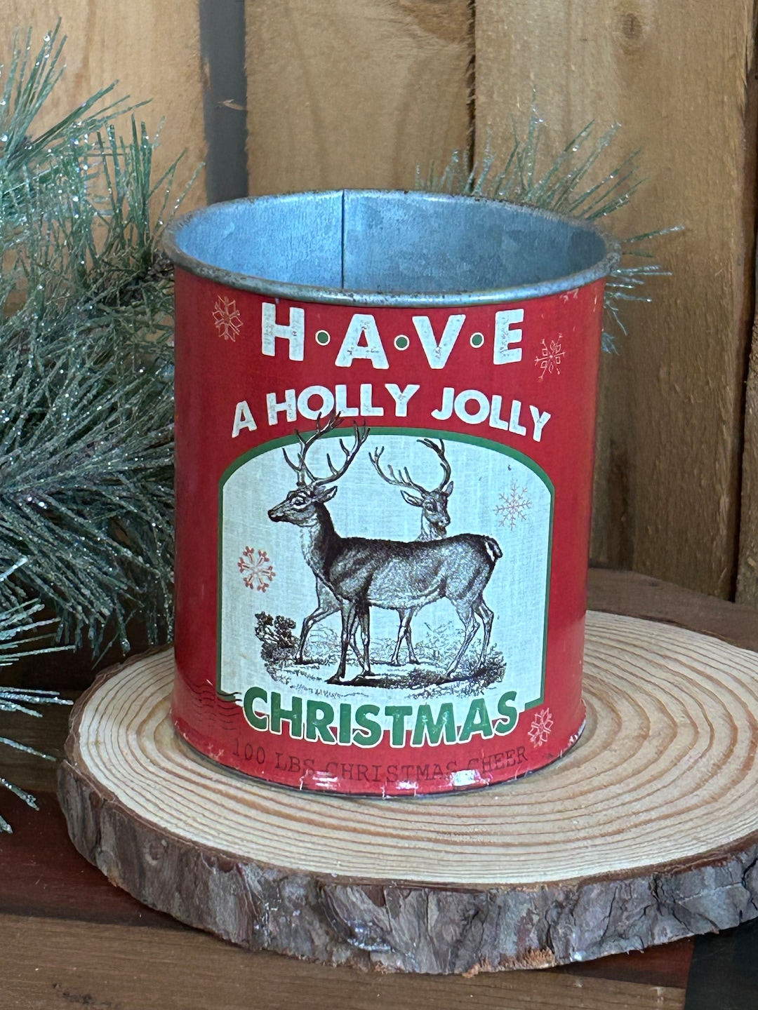 Christmas Reindeer Vintage Metal Can, Winter Holiday Bucket, Holly ...