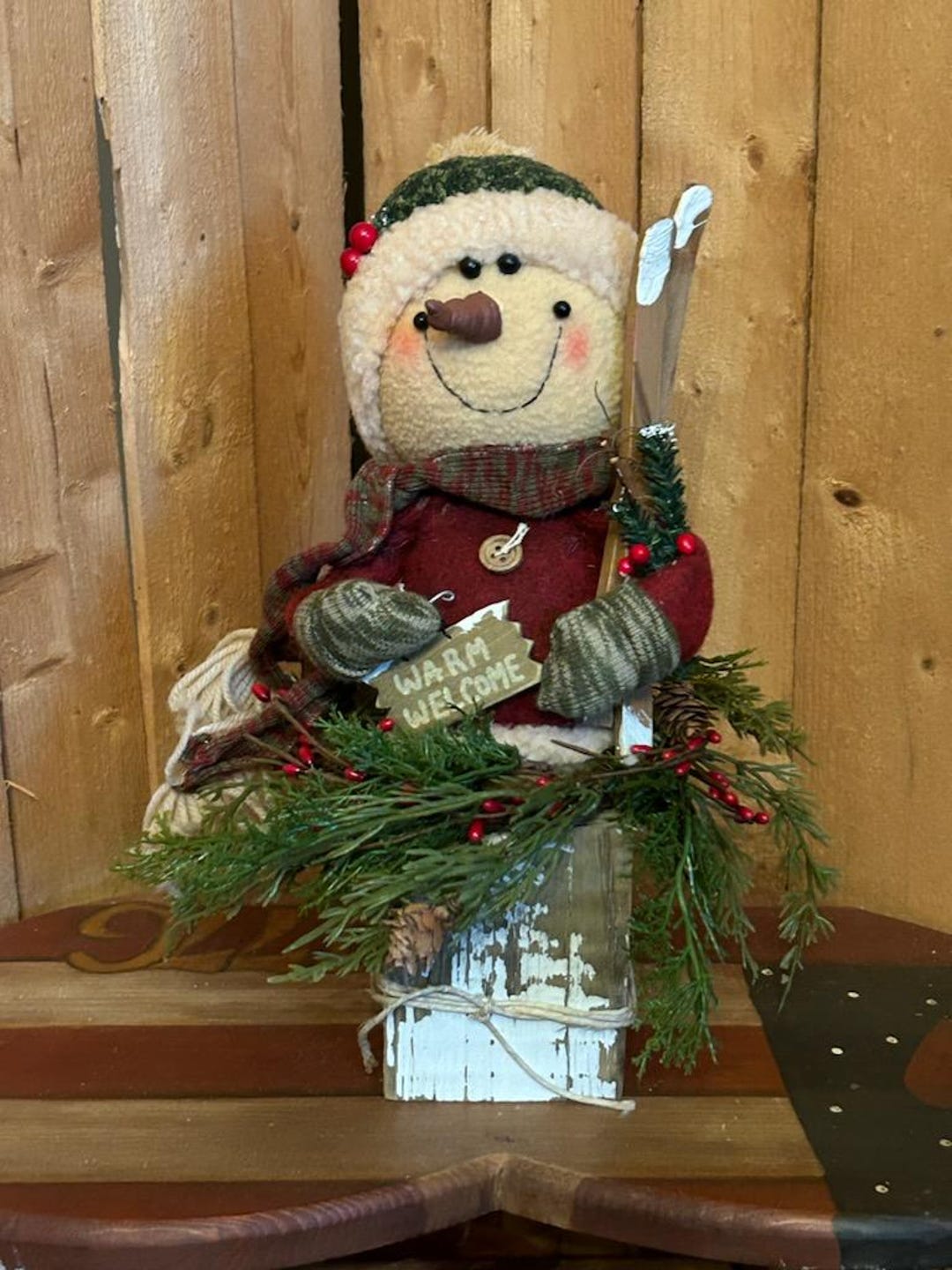 Primitive Country Snowman With Skis-rustic Winter Christmas Decor Snow ...