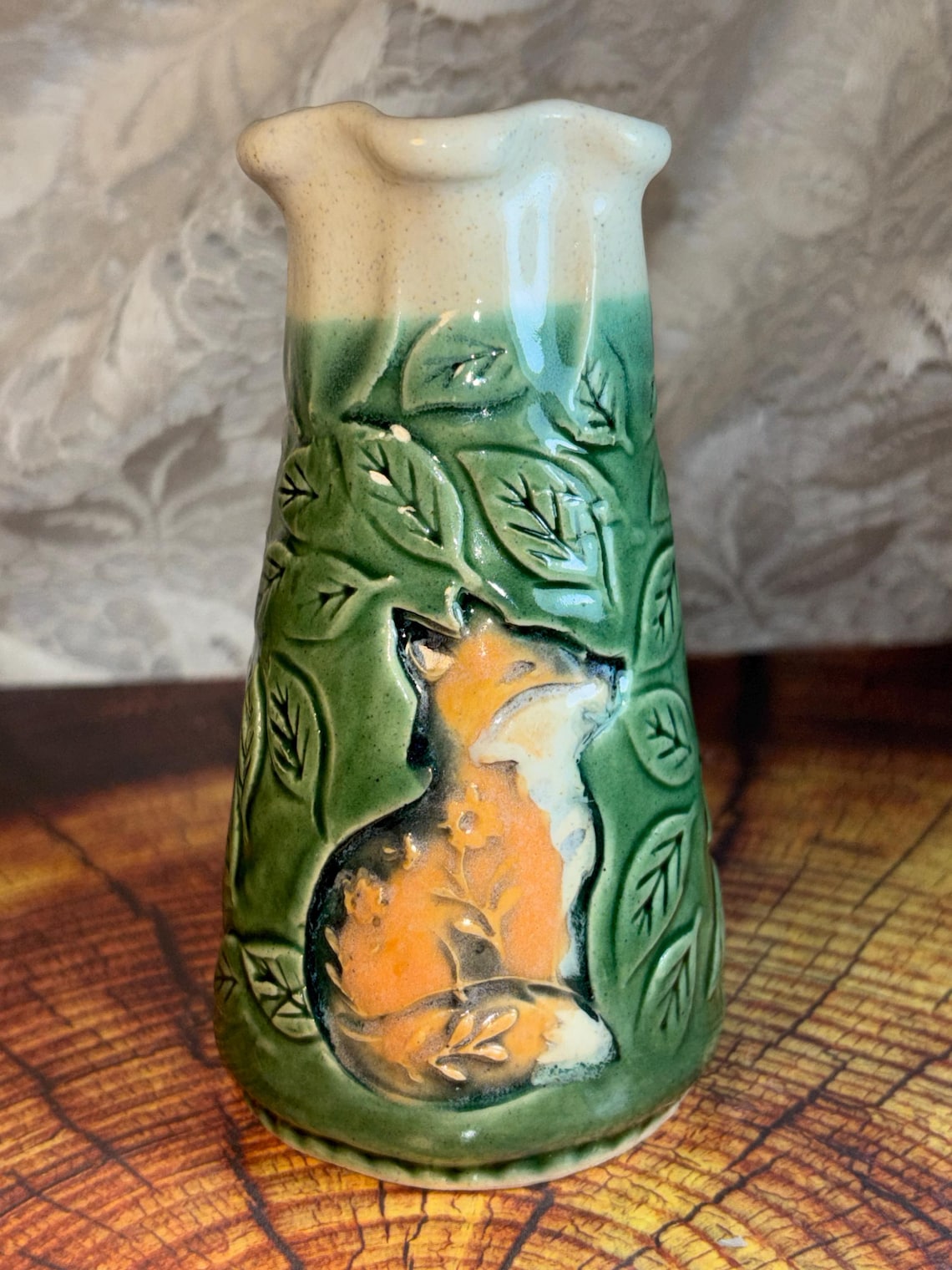 Pottery Fox Vase, Leaf Design, Handmade - Etsy