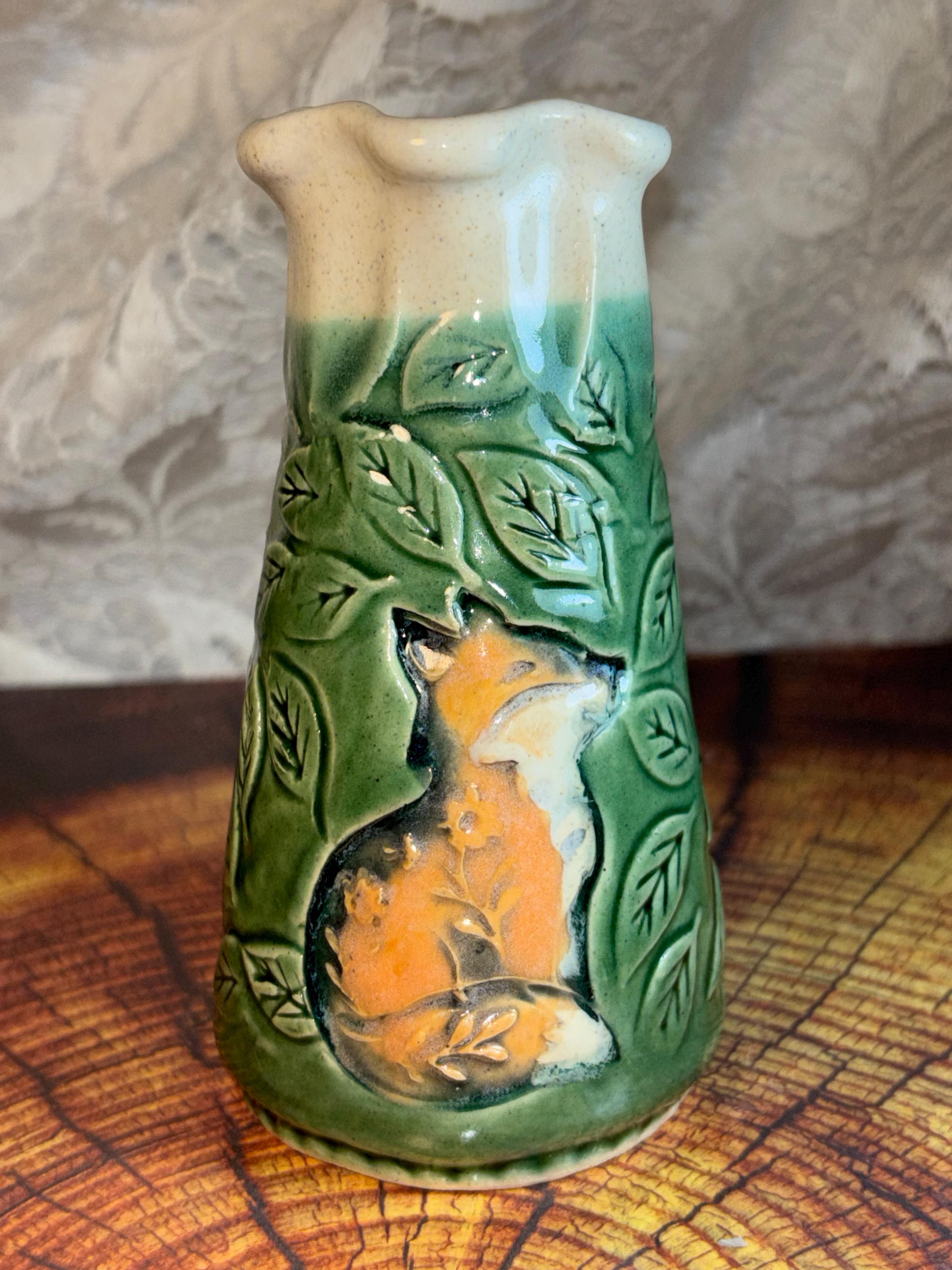 Pottery Fox Vase, Leaf Design, Handmade - Etsy