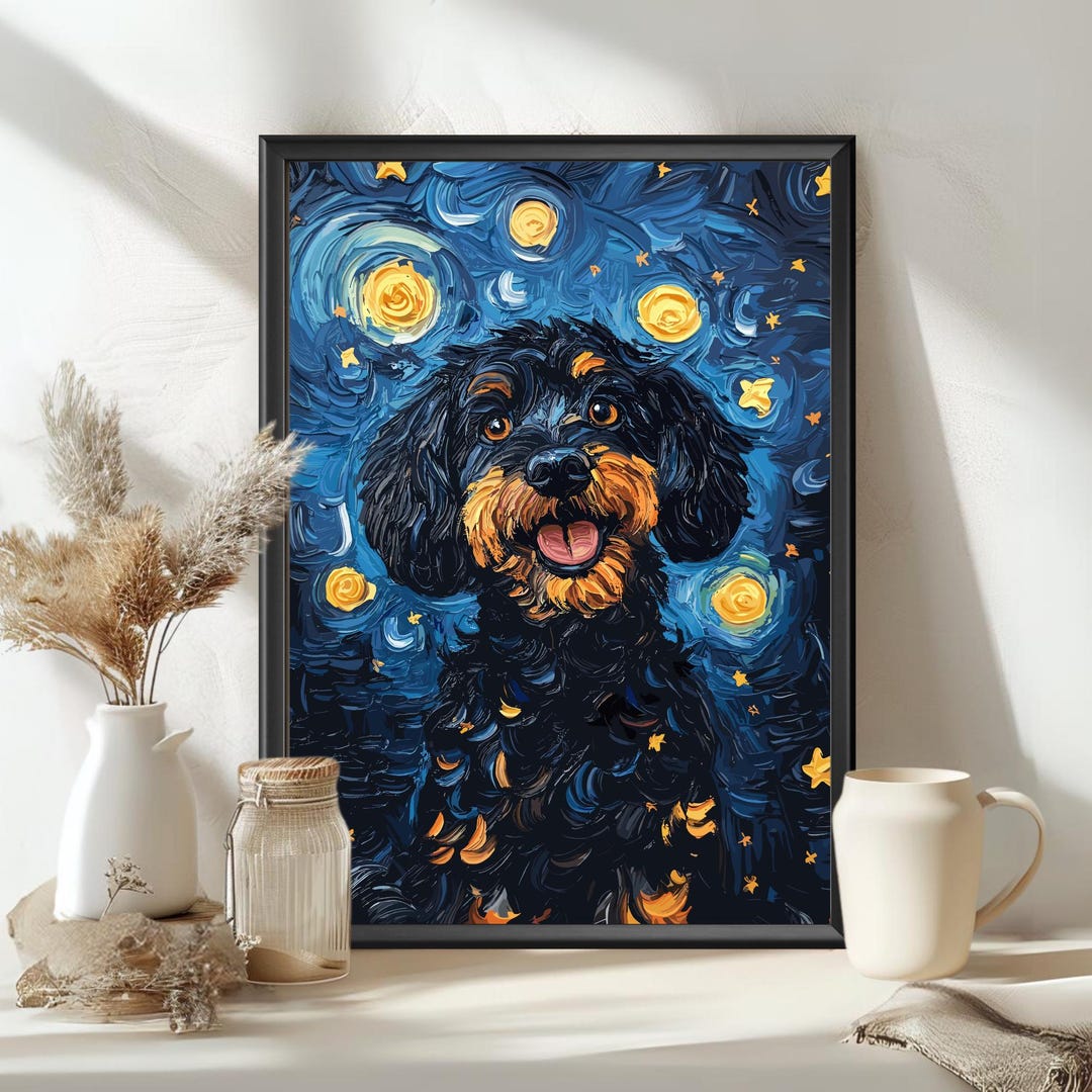 Black Cockapoo Dog Poster – Van Gogh Starry Night Inspired Painting ...