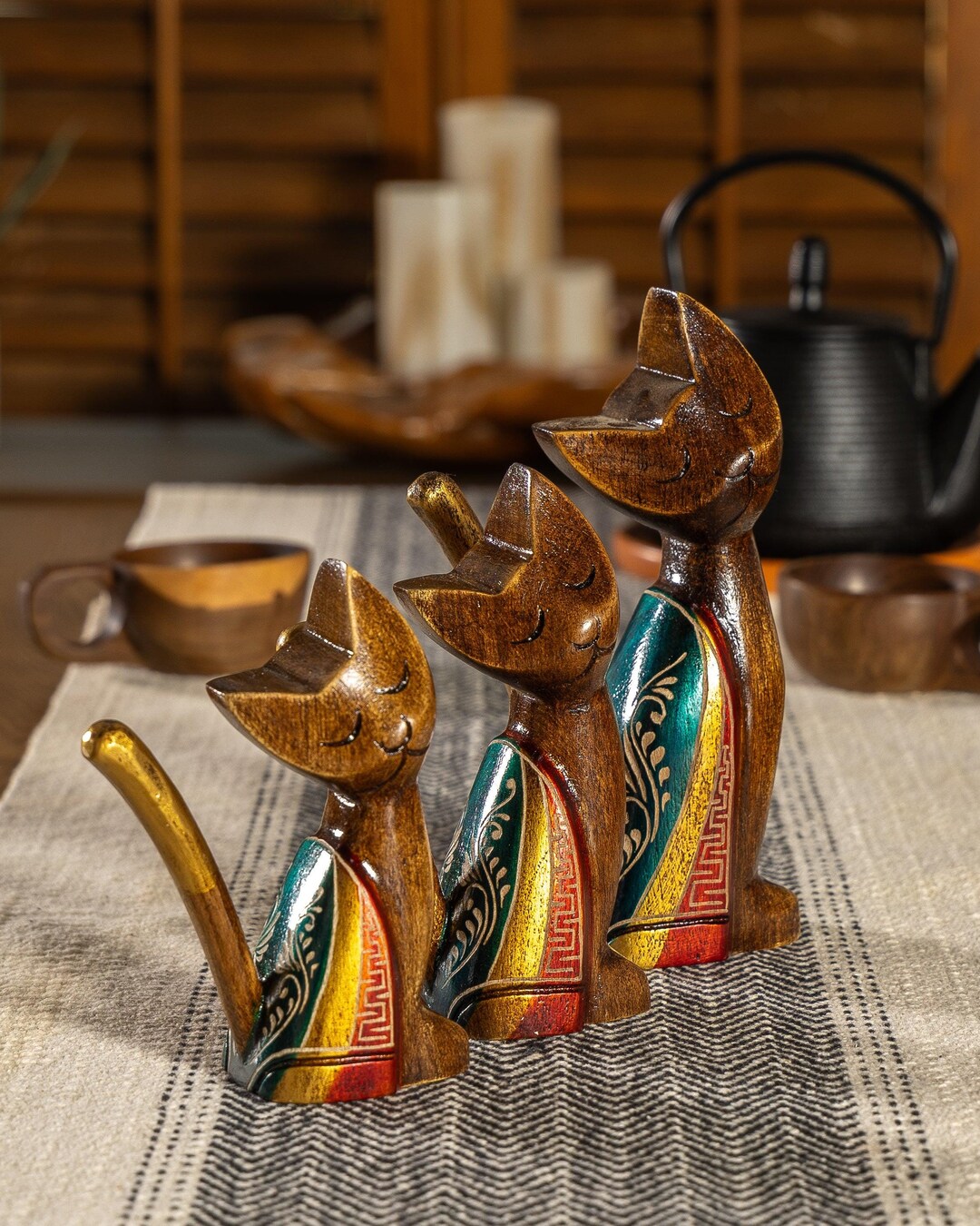 Decorative Hand-painted Wooden Sitting Cat Trio - Etsy