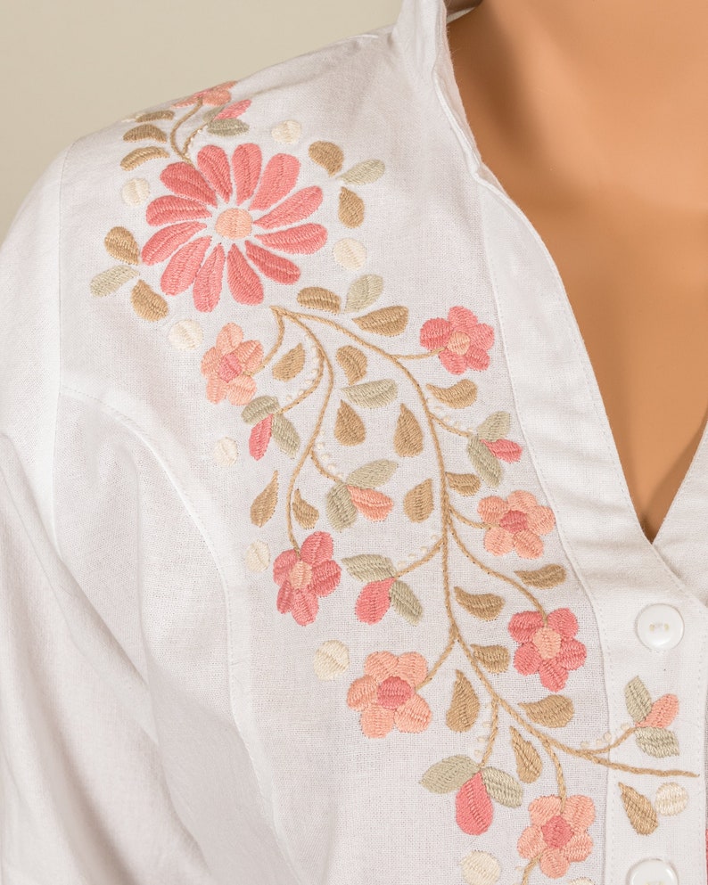 Women's Handmade Ecuadorian White Button-up With Pink Embroidery - Etsy