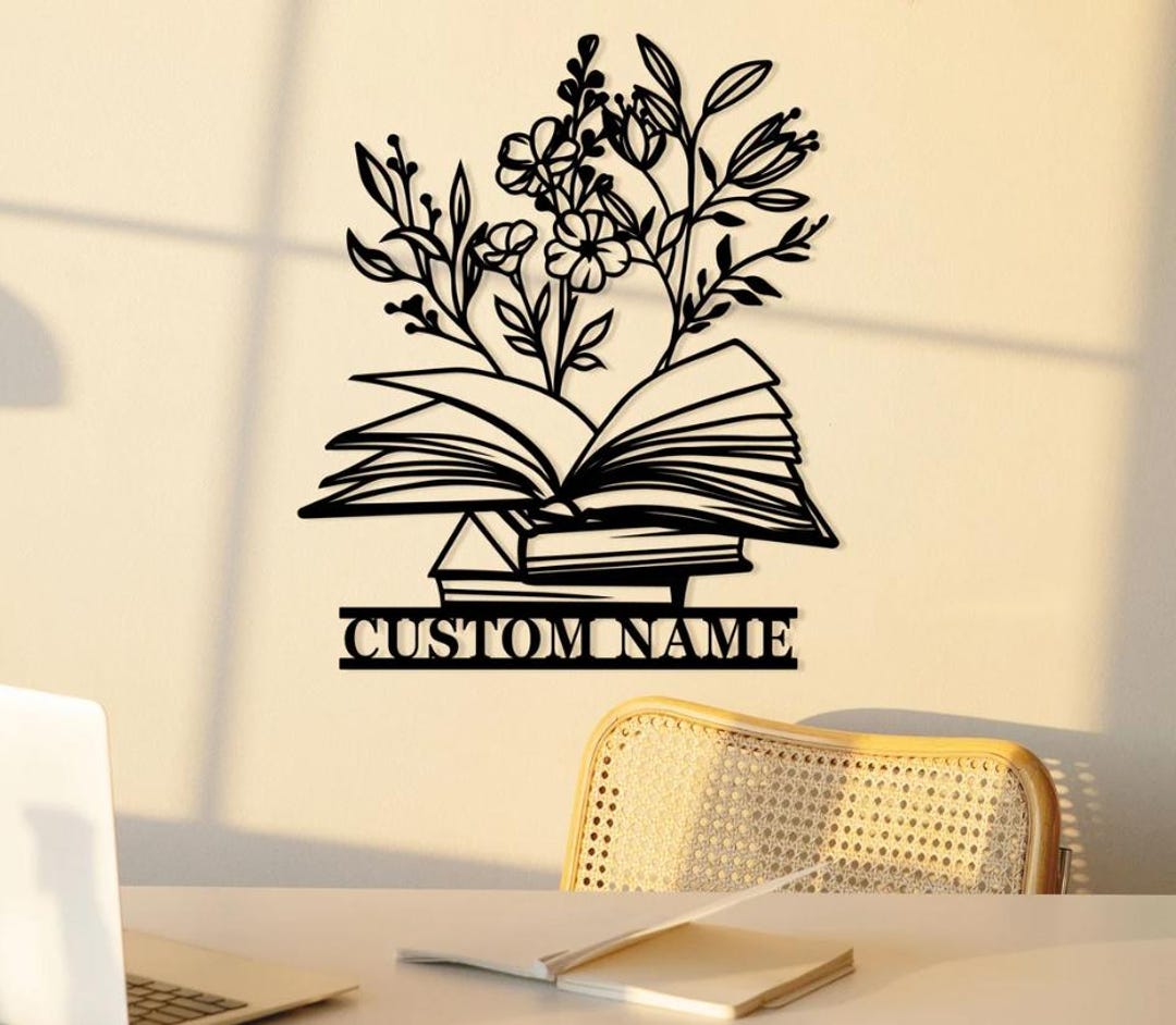 Book With Flowers Metal Wall Art, Custom Reading Room Decor, Book ...