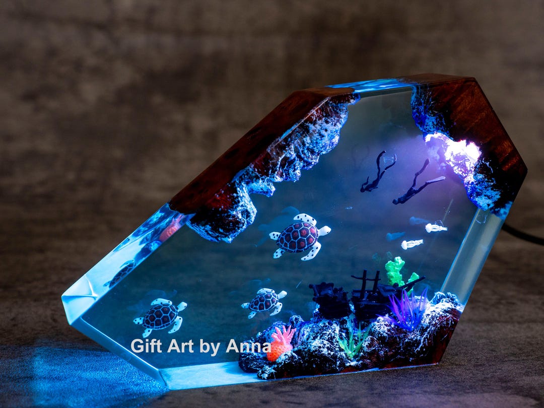 Sea Turtle and Diver Wood Plastic Lamp, Blue Ocean Night Light, Night ...