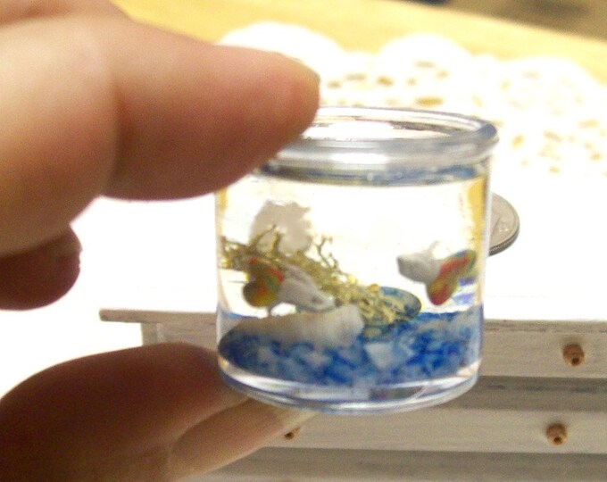 Micro Guppy Blue Fish Bowl 1" Scale Miniature Pets Handmade W/ Real ...