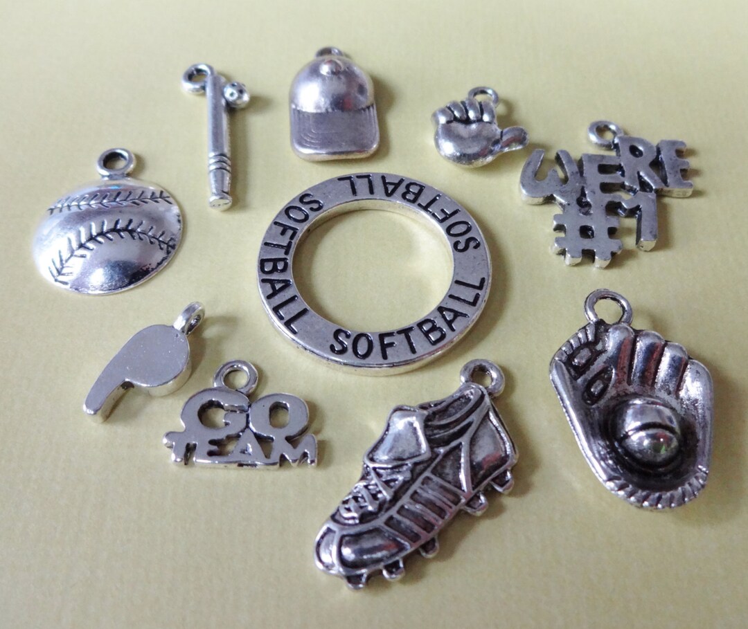 10 Charms, "softball" Bat, Ball, Catchers Mitt, Cleat, Whistle, Sports ...