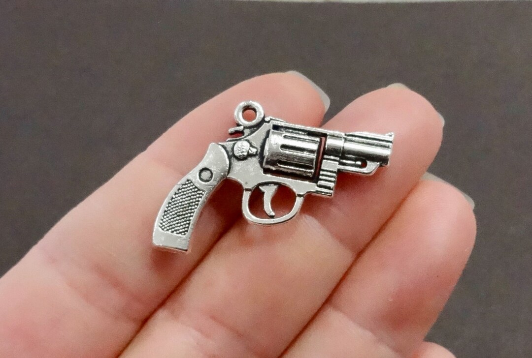 10 Charms, Gun, Revolver, Handgun Pendant Charms (3D) 29x24x4.5mm, Hole ...