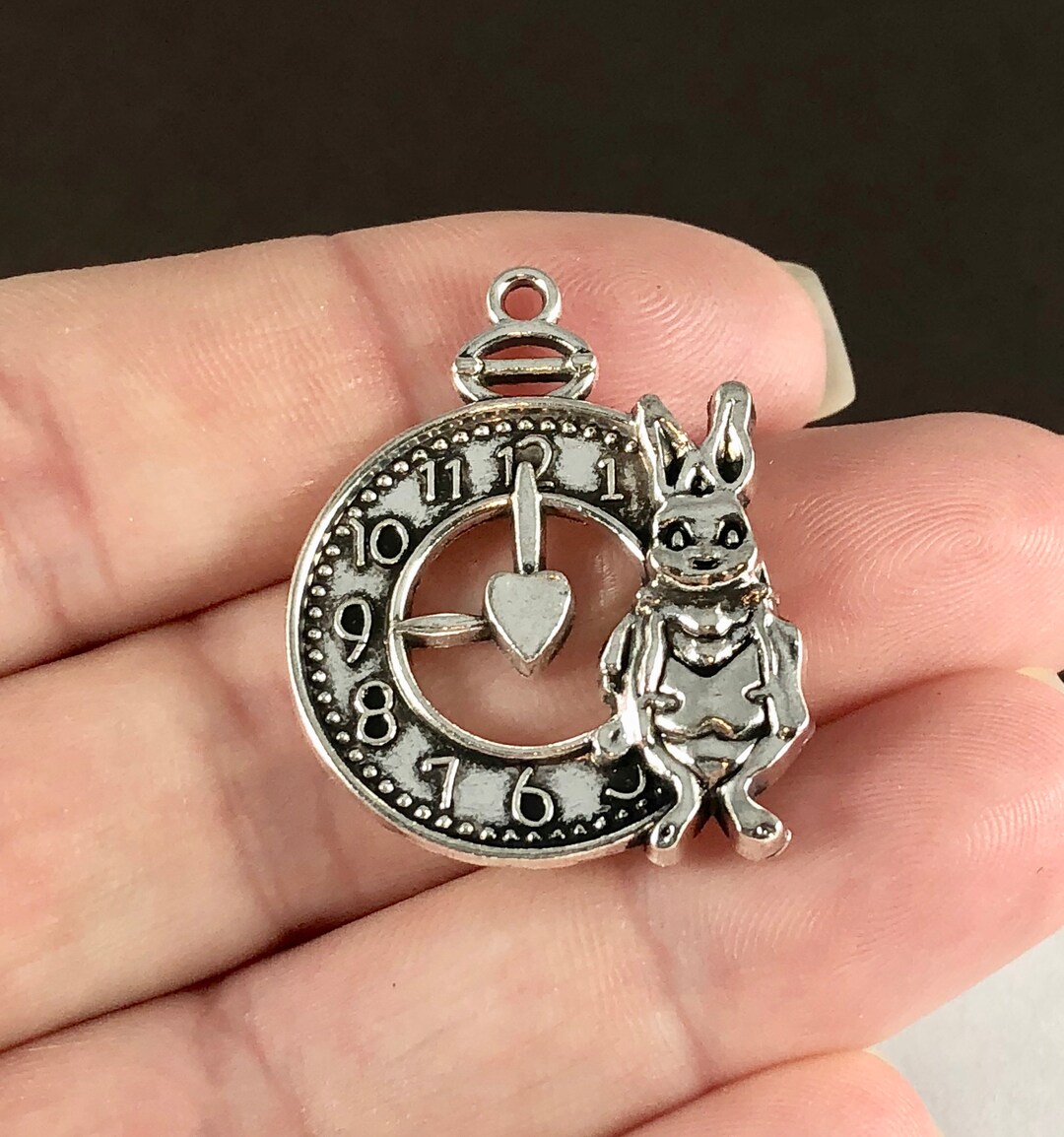 10 Charms, Rabbit, Bunny, Clock, "fairy Tale" Charm 25x31x2mm Hole, 2mm ...
