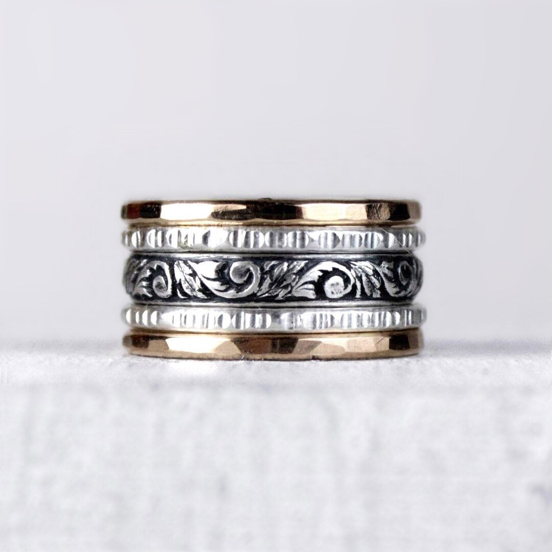 Gold and Silver Stacking Rings, Two-tone Rings With Scroll Band ...