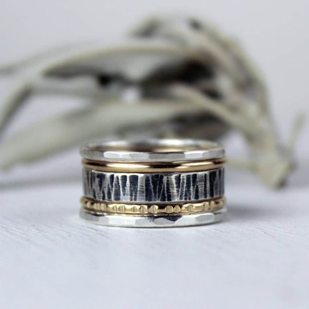 Hammered Silver and Gold Stacking Rings, Three Tone Stackable Rings ...