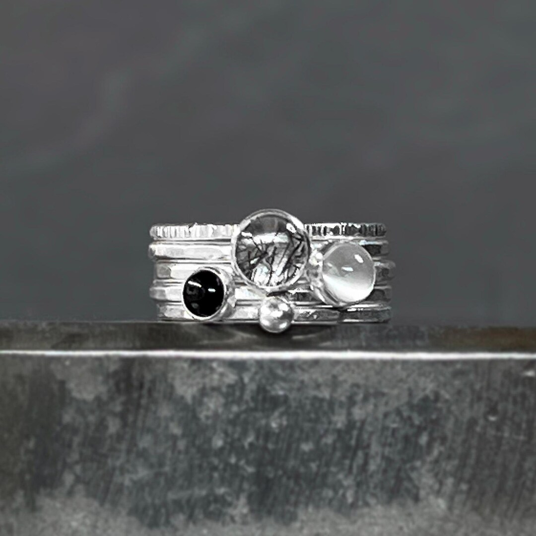 Stacking Silver Gemstone Rings, Black and White Gemstones, Rutilated ...