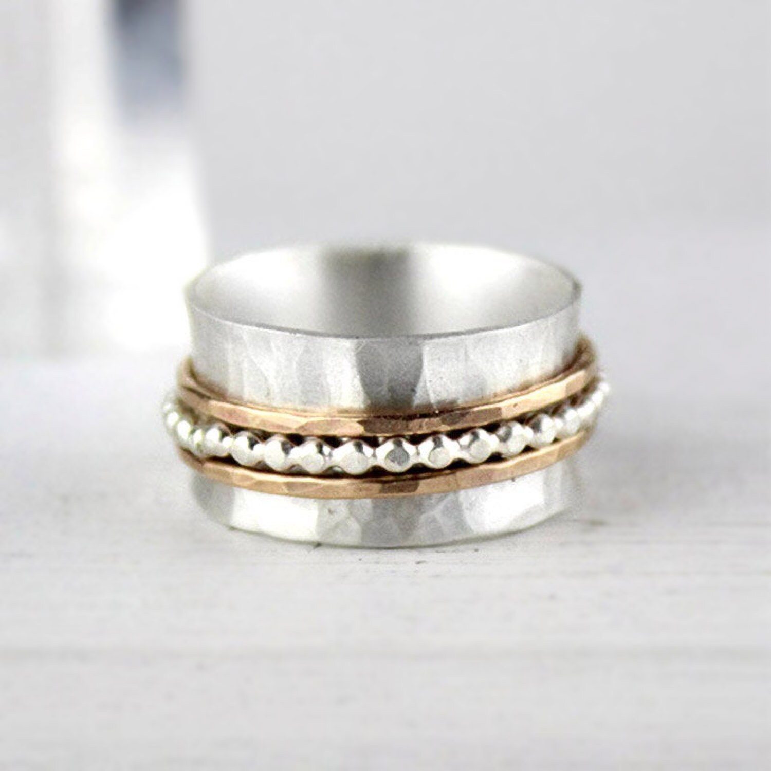 Hammered Silver Spinner Ring With Beaded Silver and Gold | Etsy Canada