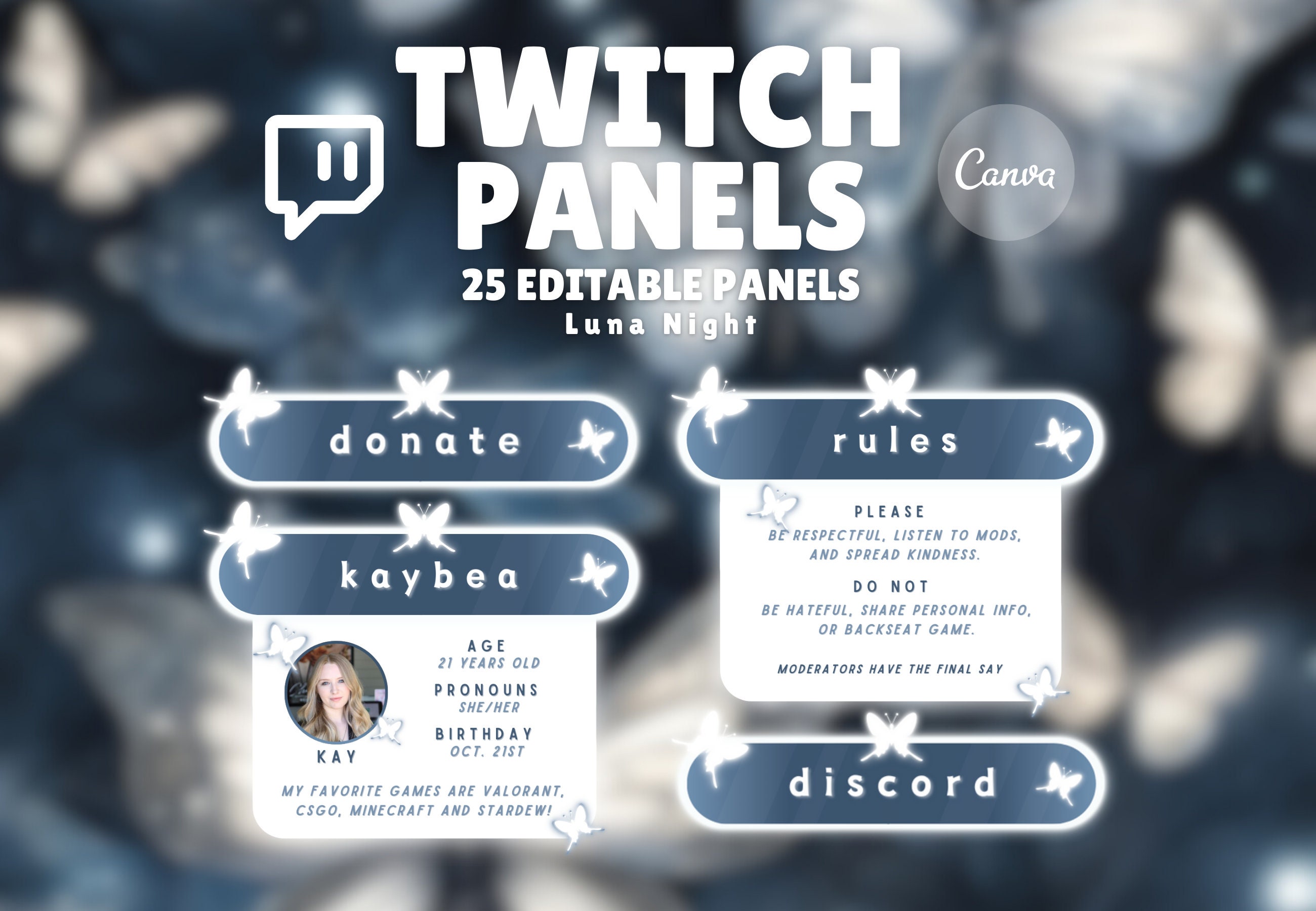 Luna Night Twitch Panels 25 Glowing Twitch Panels, Mystical Moth ...