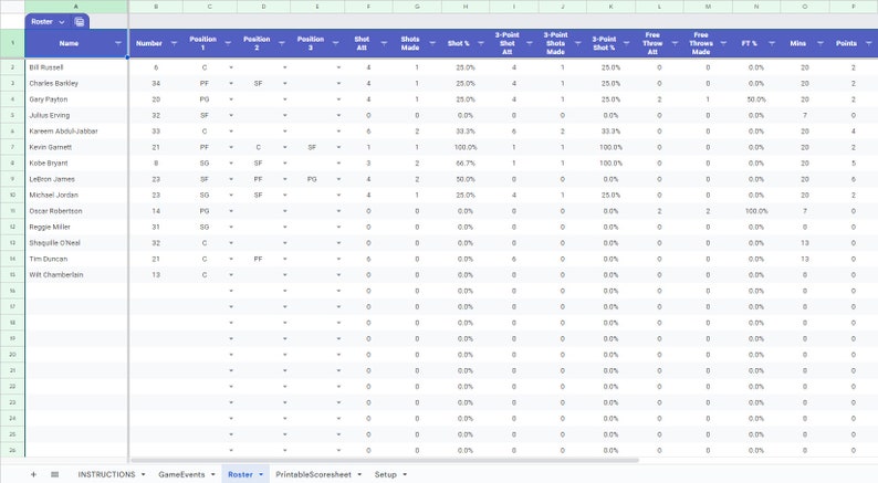 Basketball Roster Scoresheet Stat Tracker Spreadsheet Automated Google ...