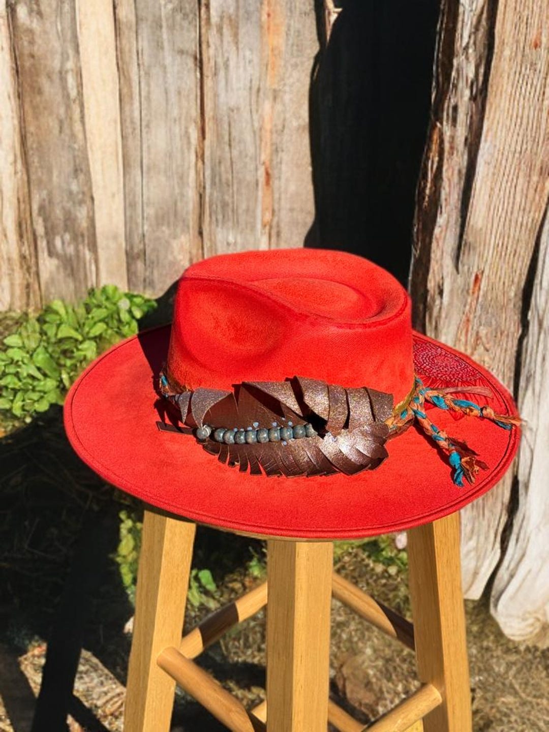 Mandarin Orange Stiff Brim Fedora With Leather Feather and Sunflower ...