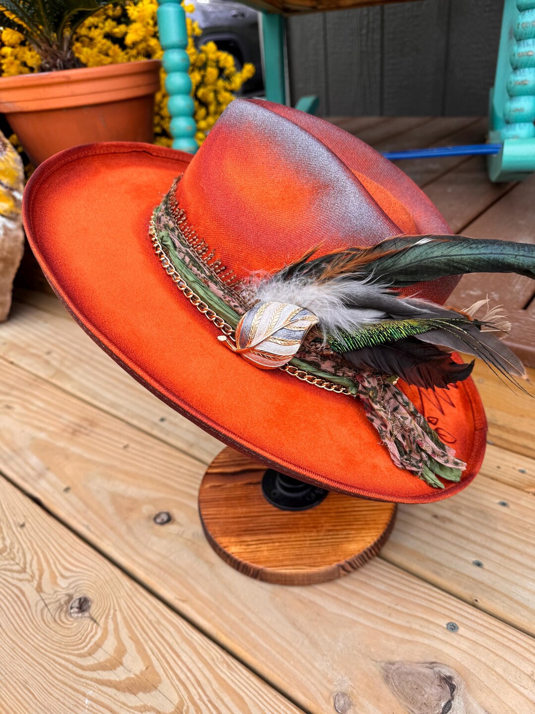 Burnt Orange Fedora With Bull Skull and Flowers Design - Etsy