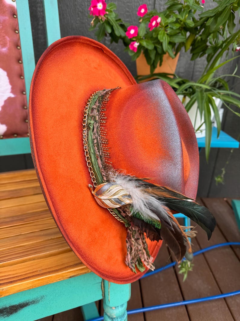 Burnt Orange Fedora With Bull Skull and Flowers Design - Etsy