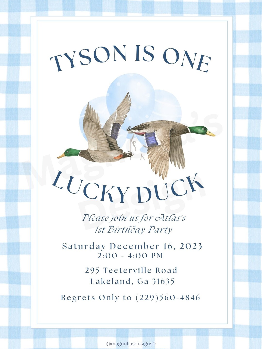 Blue and White Gingham Birthday Party Invitations "one Lucky Duck ...