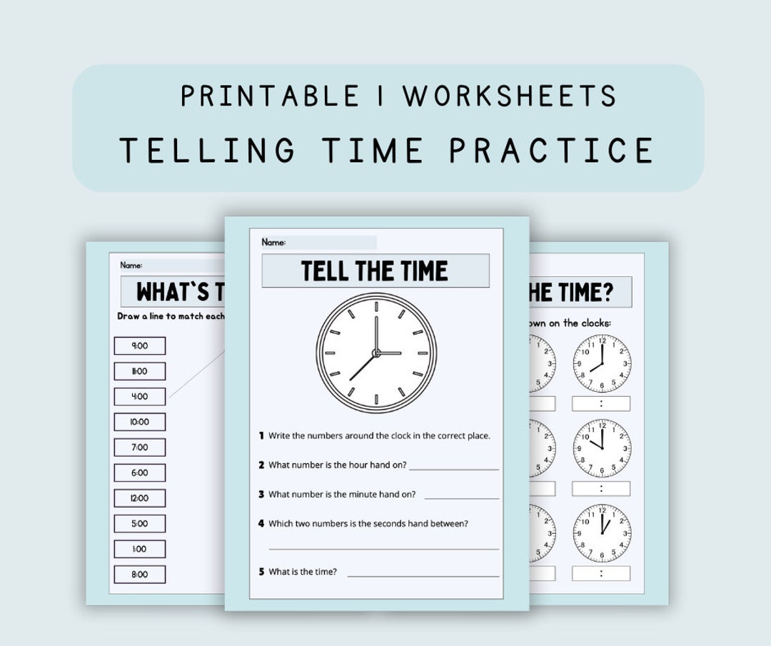 Telling Time Worksheets Printable, Back to School Practice, Blue Theme ...