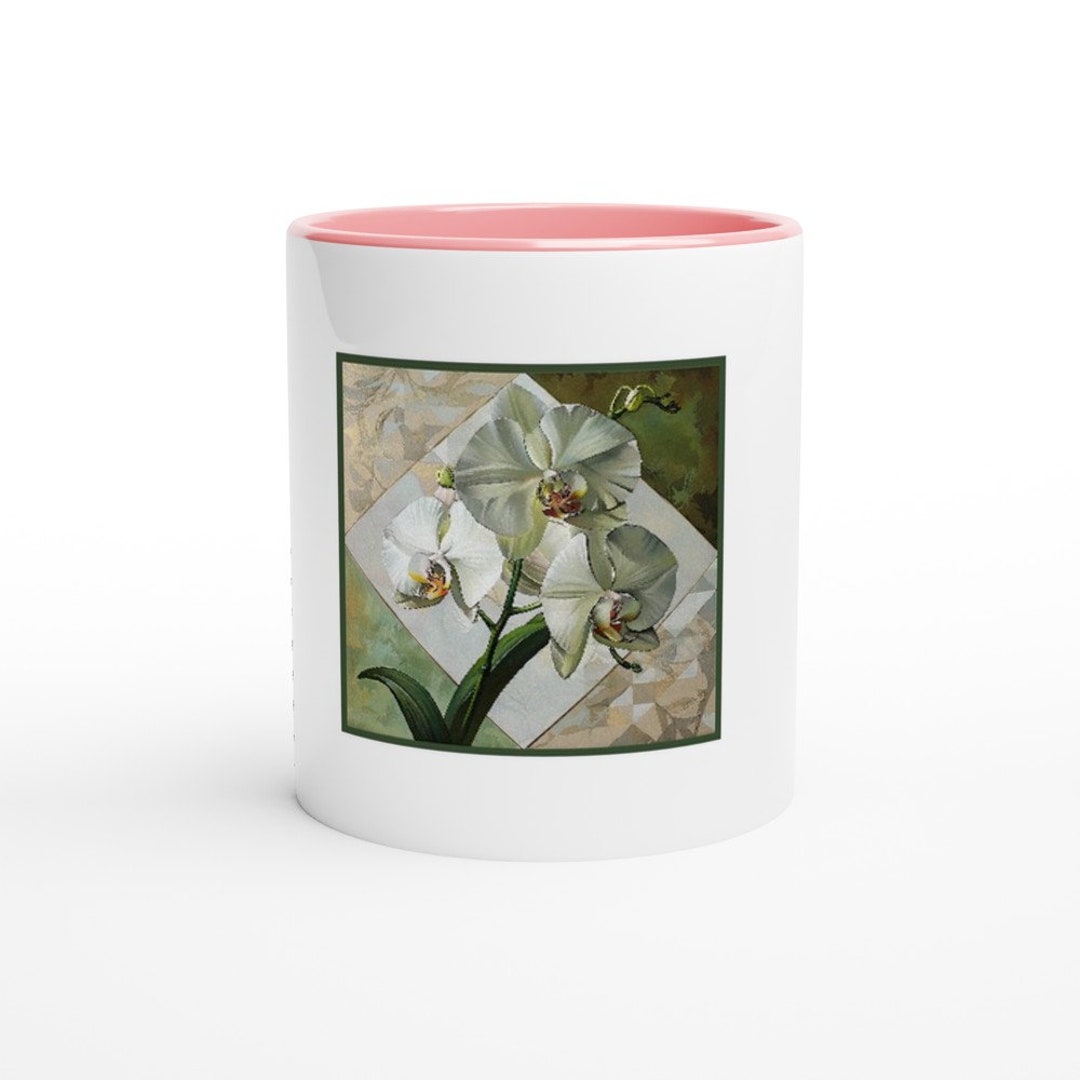 Orchid Flower Signature Oleo Style Print Elegant White Ceramic Mug PINK ...