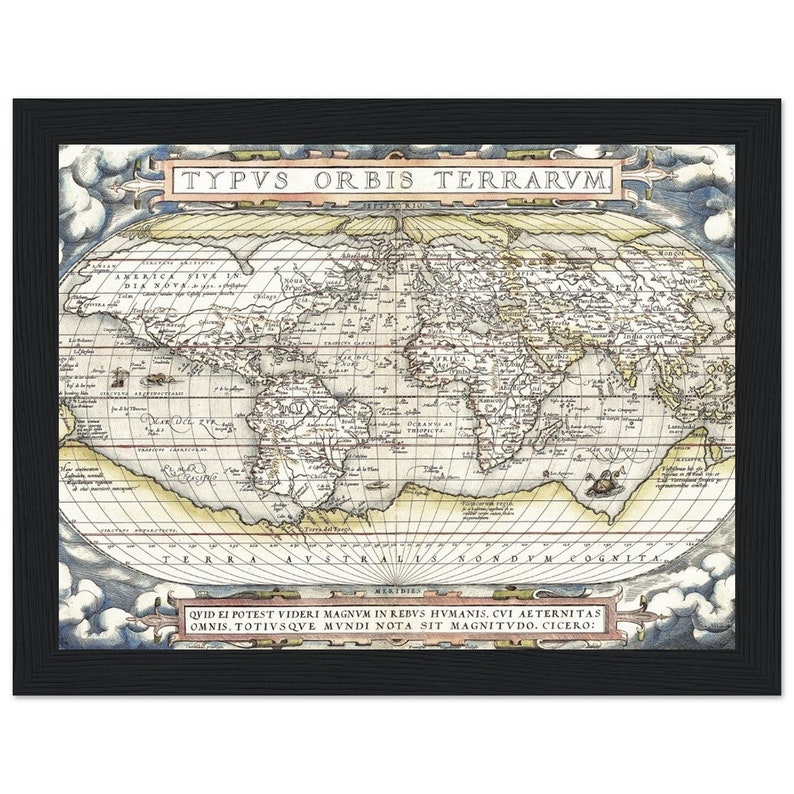 Vintage Map Poster Ortelius 1570 World Map Replica Framed Antique Style ...