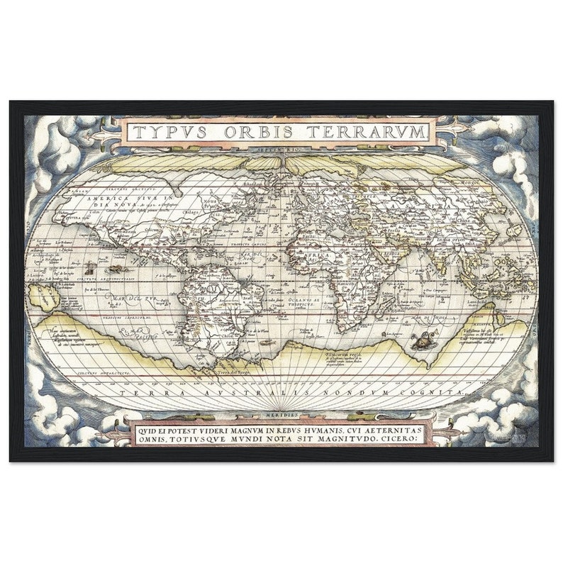 Vintage Map Poster Ortelius 1570 World Map Replica Framed Antique Style ...