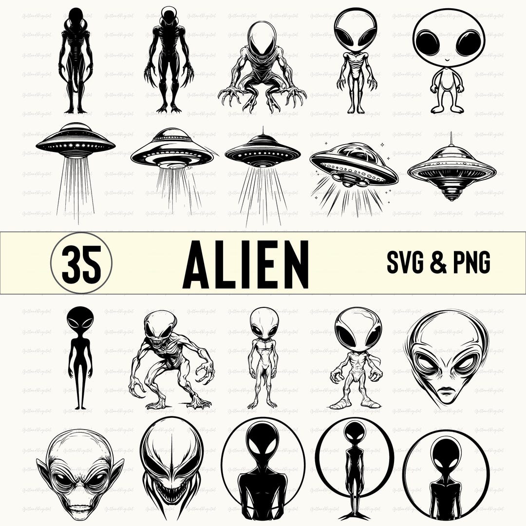 Alien Silhouette Bundle Svg, Alien Svg Vector Set, Alien Clipart Png ...