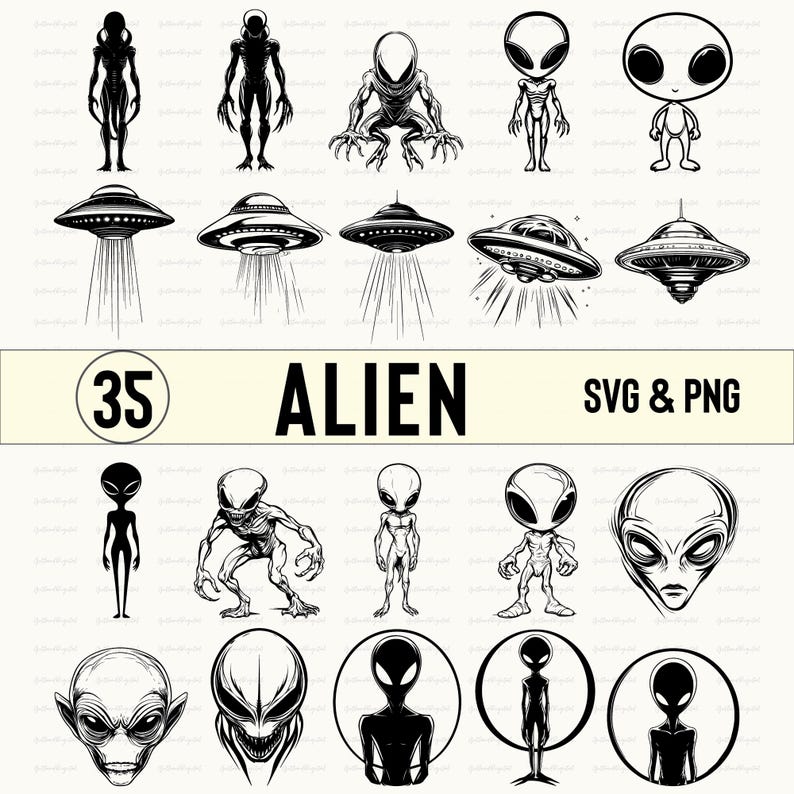 Alien Silhouette Bundle Svg, Alien Svg Vector Set, Alien Clipart Png ...