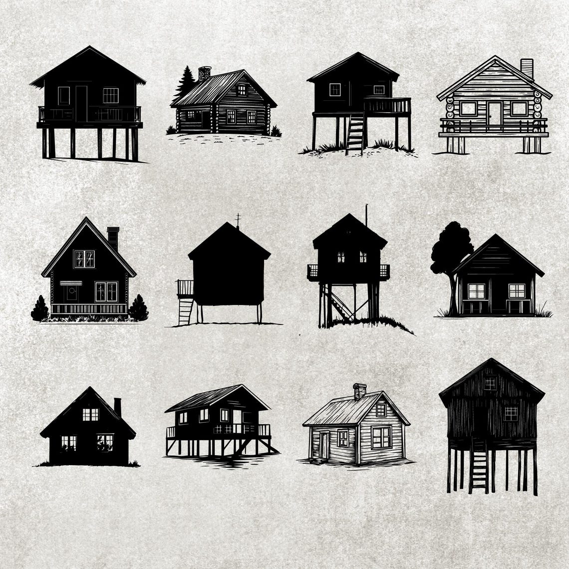 Wooden House SVG Bundle: Silhouette Clipart, Vector Decal (PNG) - Etsy