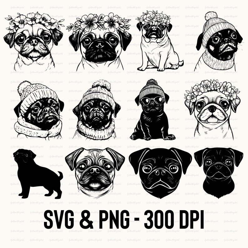 Pug SVG Bundle, Clipart Silhouette PNG (300 DPI) - Etsy