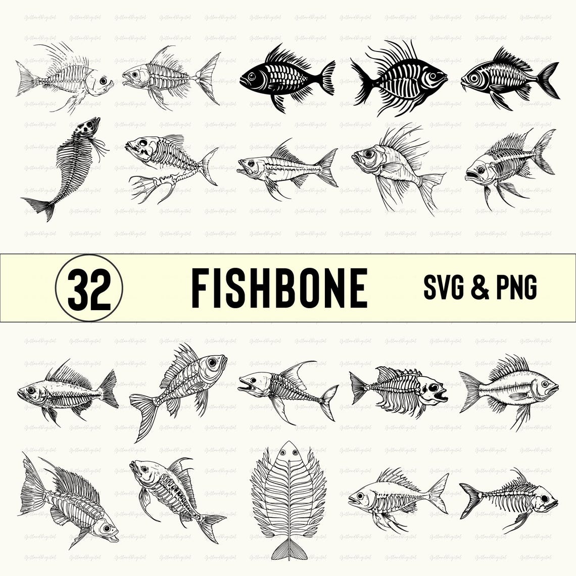 Fishbone SVG PNG Bundle: Vector Art Clipart (digital Download) - Etsy